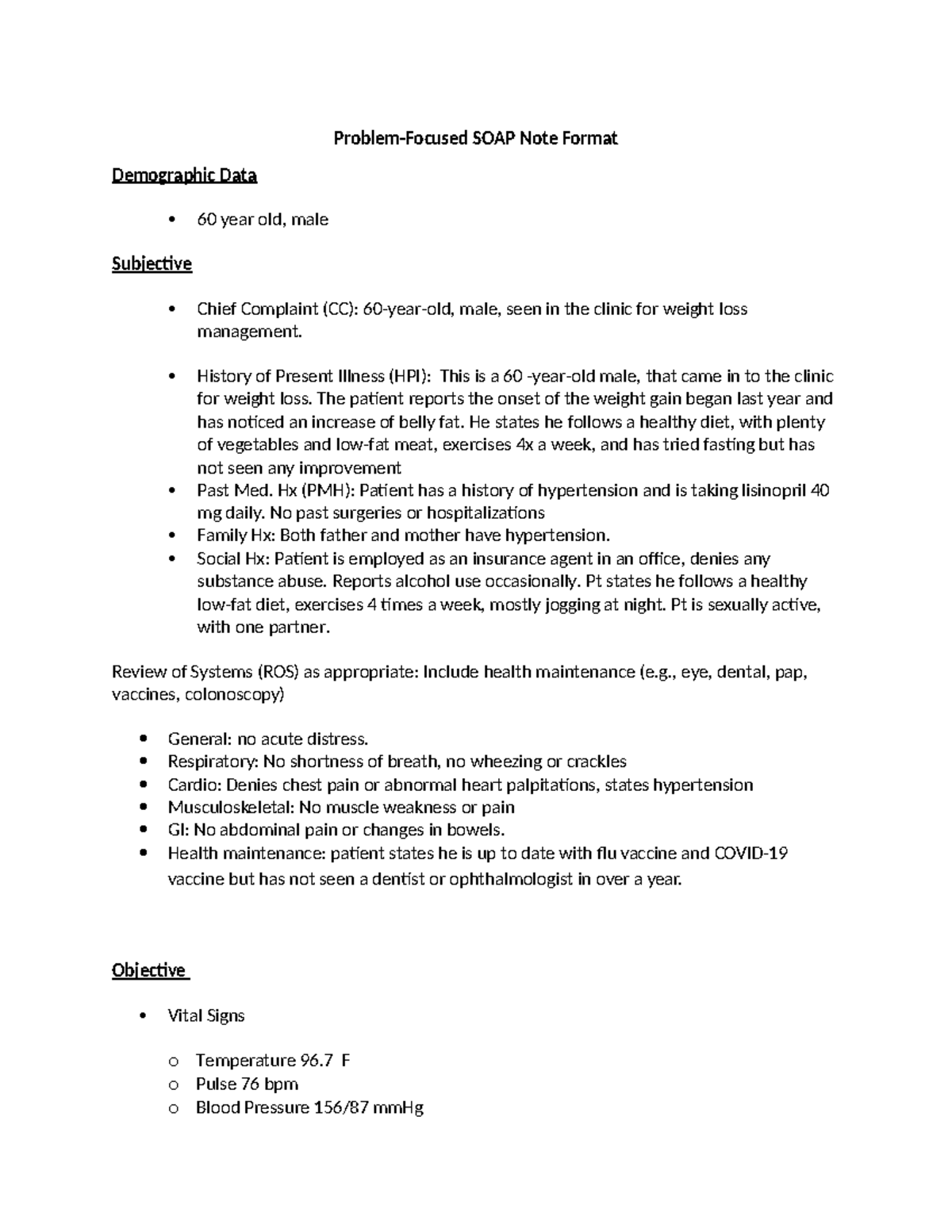 Soap probelm note - soap note with problem for patient - Problem ...