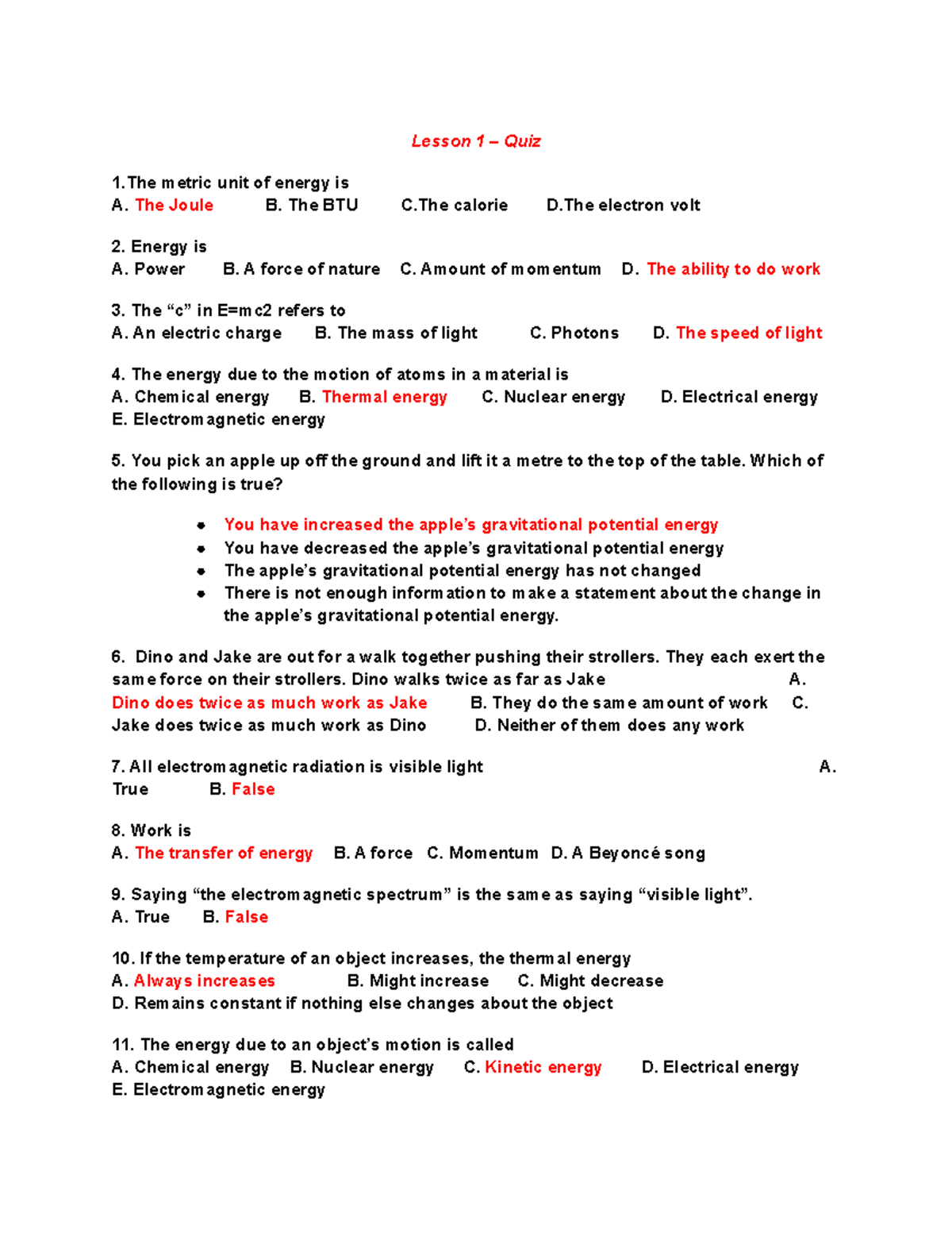 Phys 273 Quiz 1-2-3 Solutions - Lesson 1 – Quiz 1 metric unit of energy ...