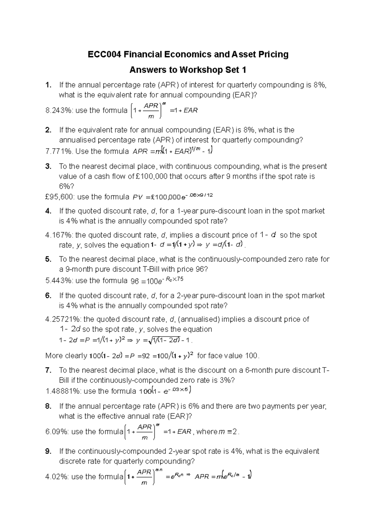 Workshop 1 (Interest Rates) Answers - ECC004 Financial Economics and ...