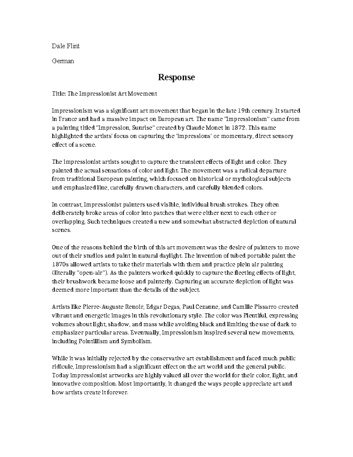 Art History 4 Response - Dale Flint German Response Title: The ...