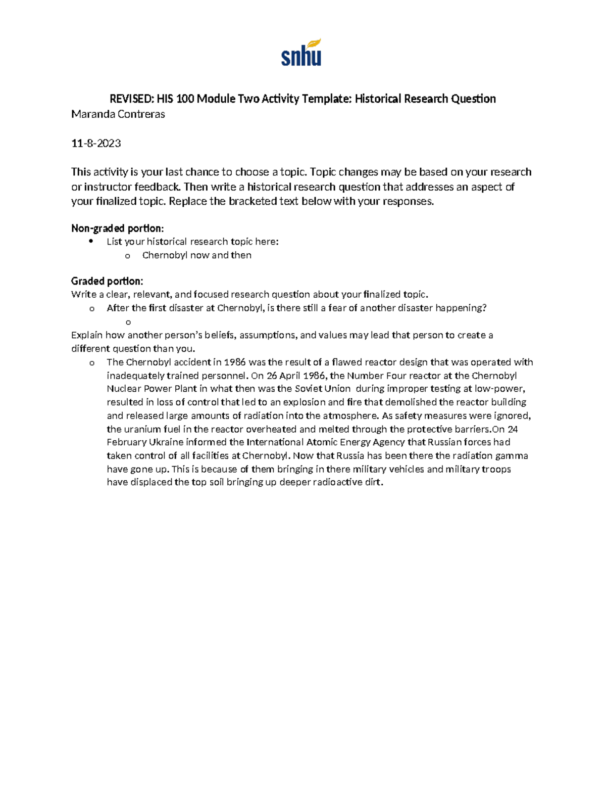HIS 100 Module Two Activity Research Question Template - REVISED: HIS ...