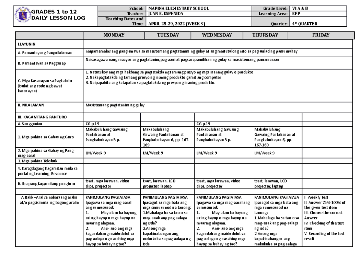 Dailyy Log Lesson Plan EPP 6 Quarter 4 Week 3 - GRADES 1 to 12 DAILY ...