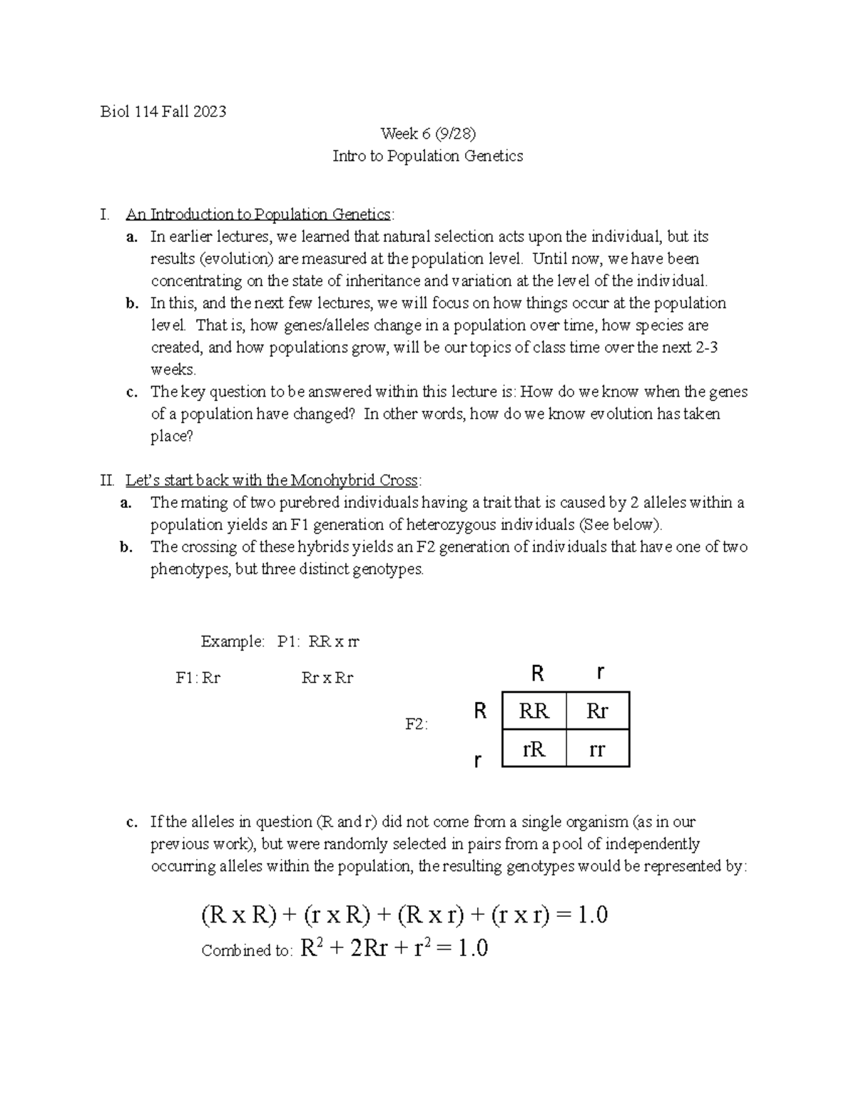 Lecture week 6 (9-28) - Notes Population Genetics - Biol 114 Fall 2023 ...