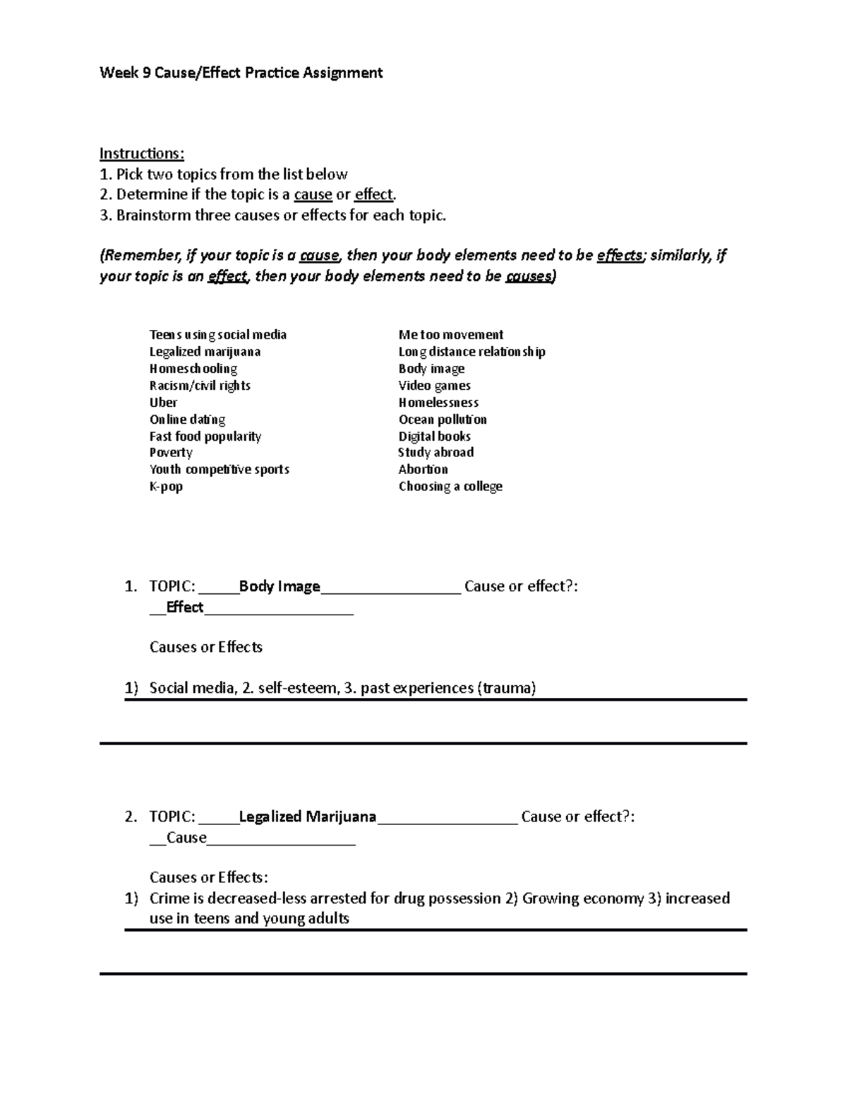 Week 9 Practice Assignment - Week 9 Cause/Effect Practice Assignment ...