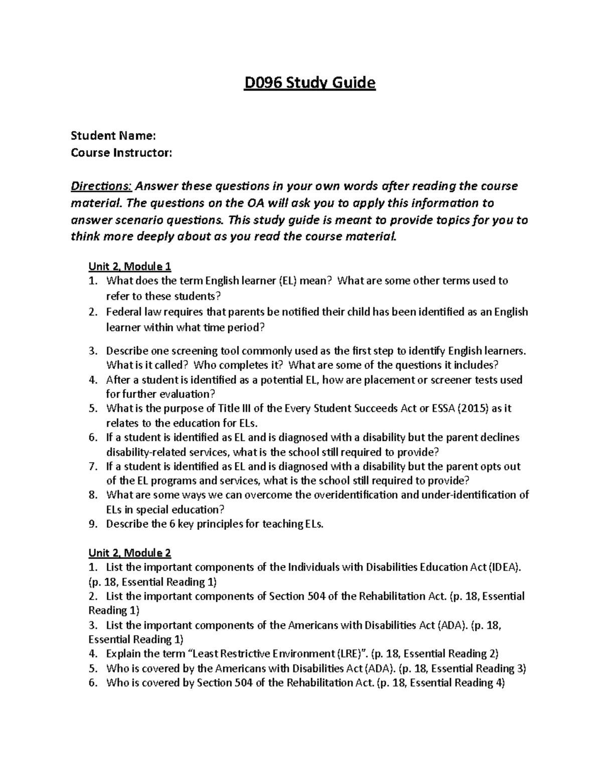 D096 D169 Study Guide Student Version Updated 072021 D096 Study Guide