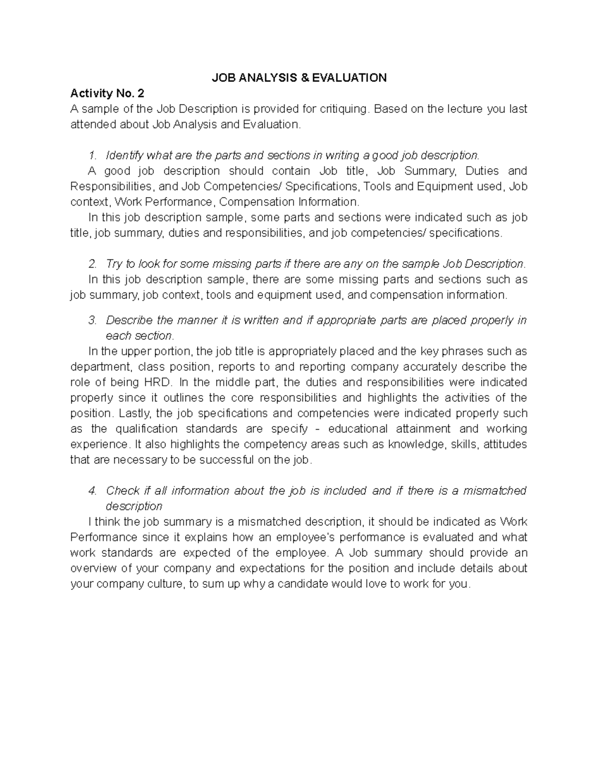 JOB Analysis & Evaluation - JOB ANALYSIS & EVALUATION Activity No. 2 A ...