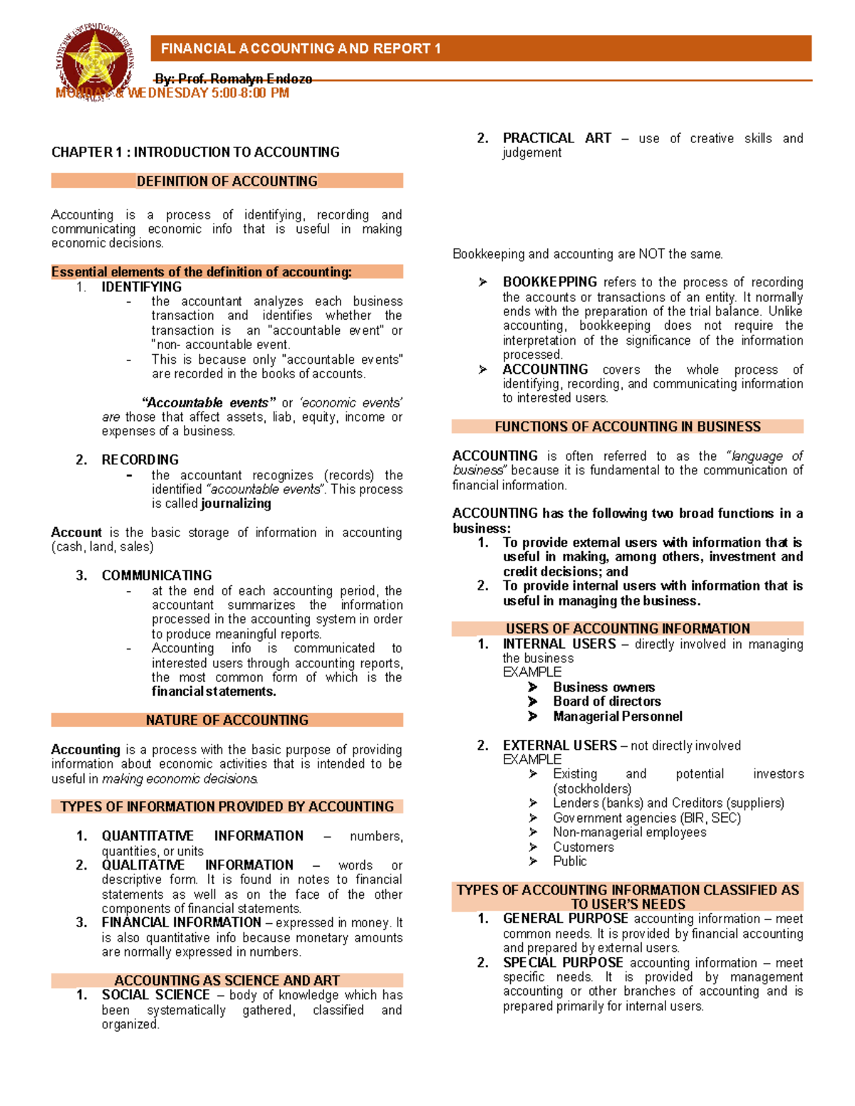 FAR 1 - FAR 1 - FINANCIAL ACCOUNTING AND REPORT 1 By: Prof. Romalyn ...