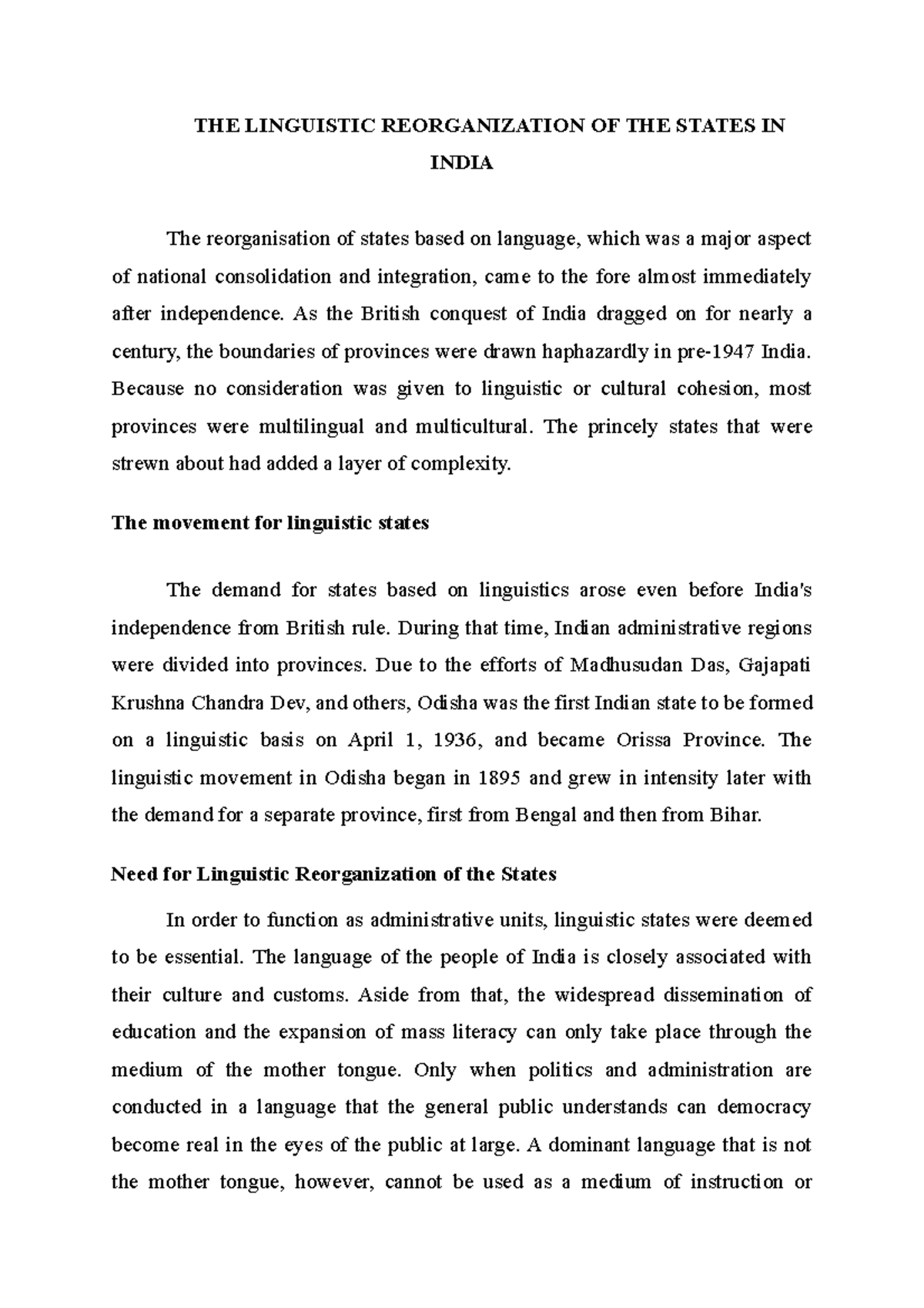 THE Linguistic Reorganization OF THE States IN India - THE LINGUISTIC ...