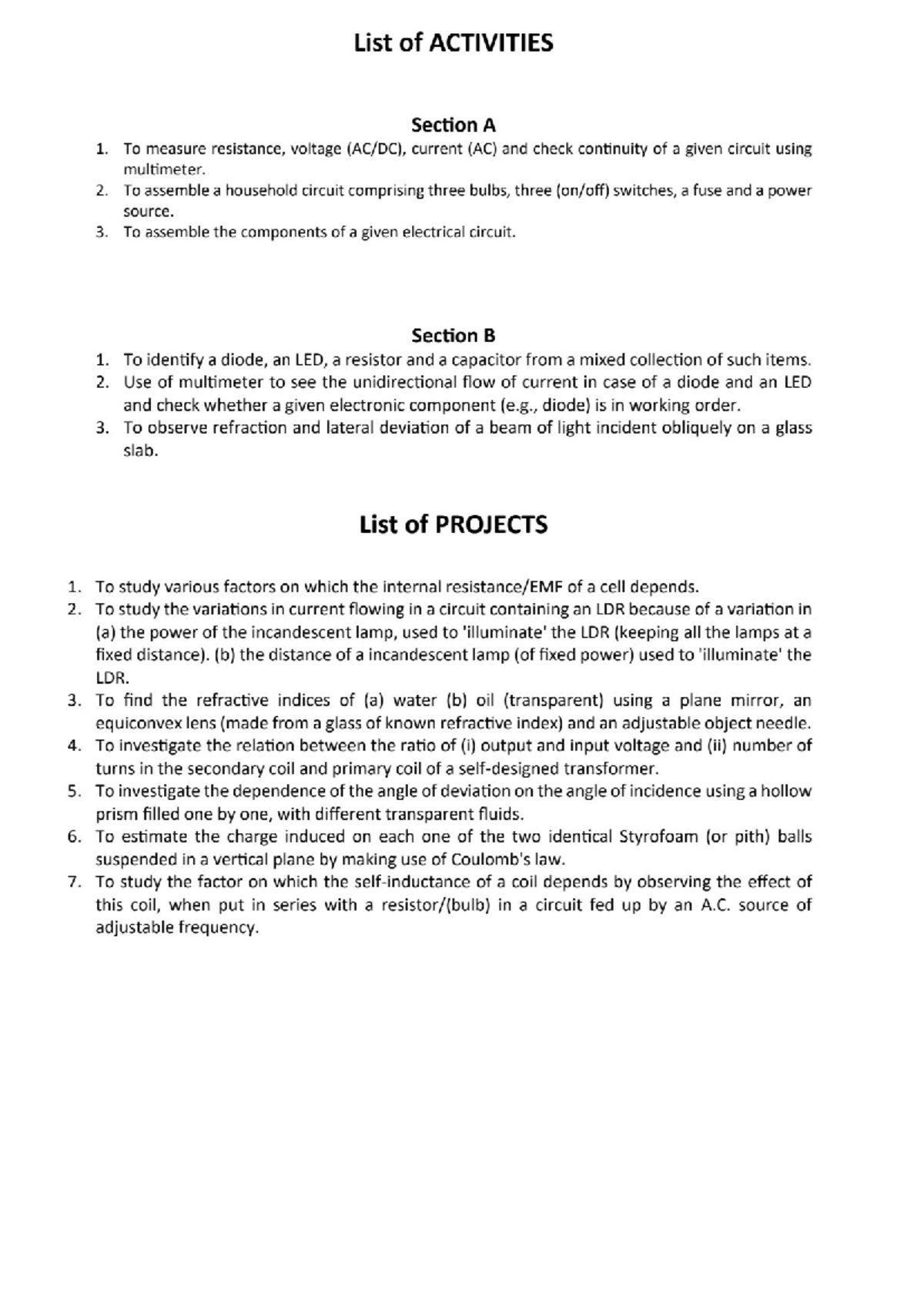 12Physics Project activity list - List of ACTIVITIES Section A 1. To ...