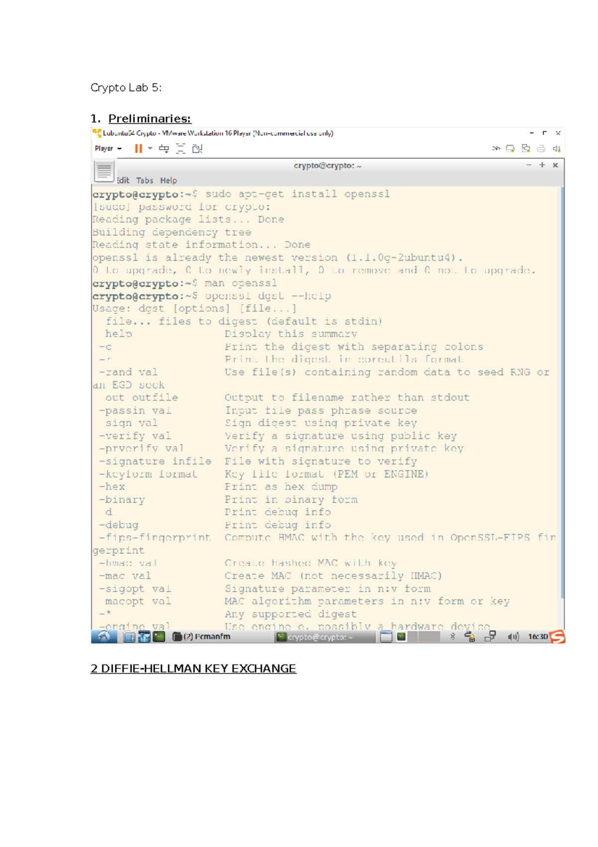Crypto Lab 5 - Lab 5 work - Crypto Lab 5: Preliminaries: 2 DIFFIE-HELLMAN KEY EXCHANGE Manual ...