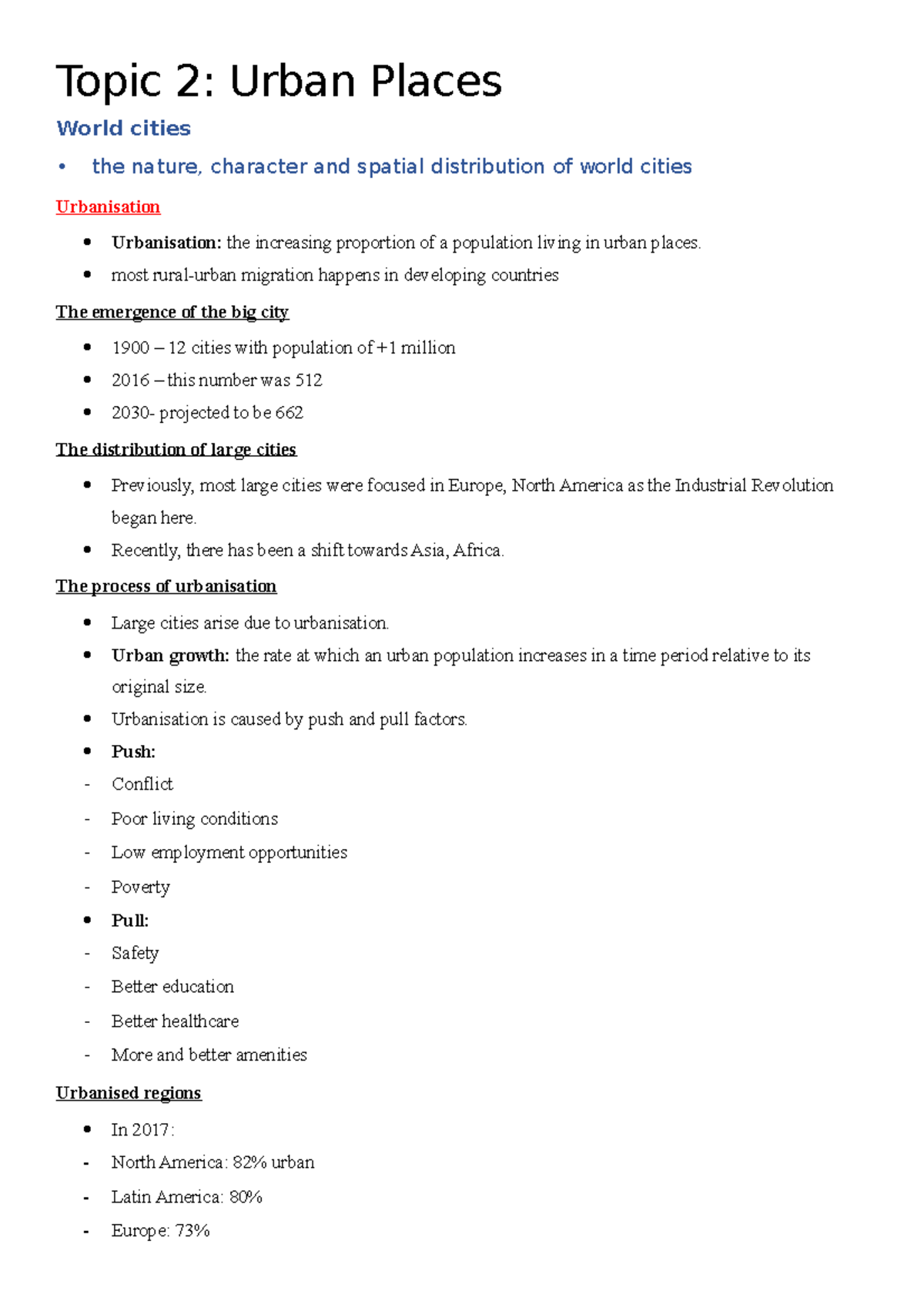 HSC GEO Topic 2 Final - Topic 2: Urban Places World cities the nature ...