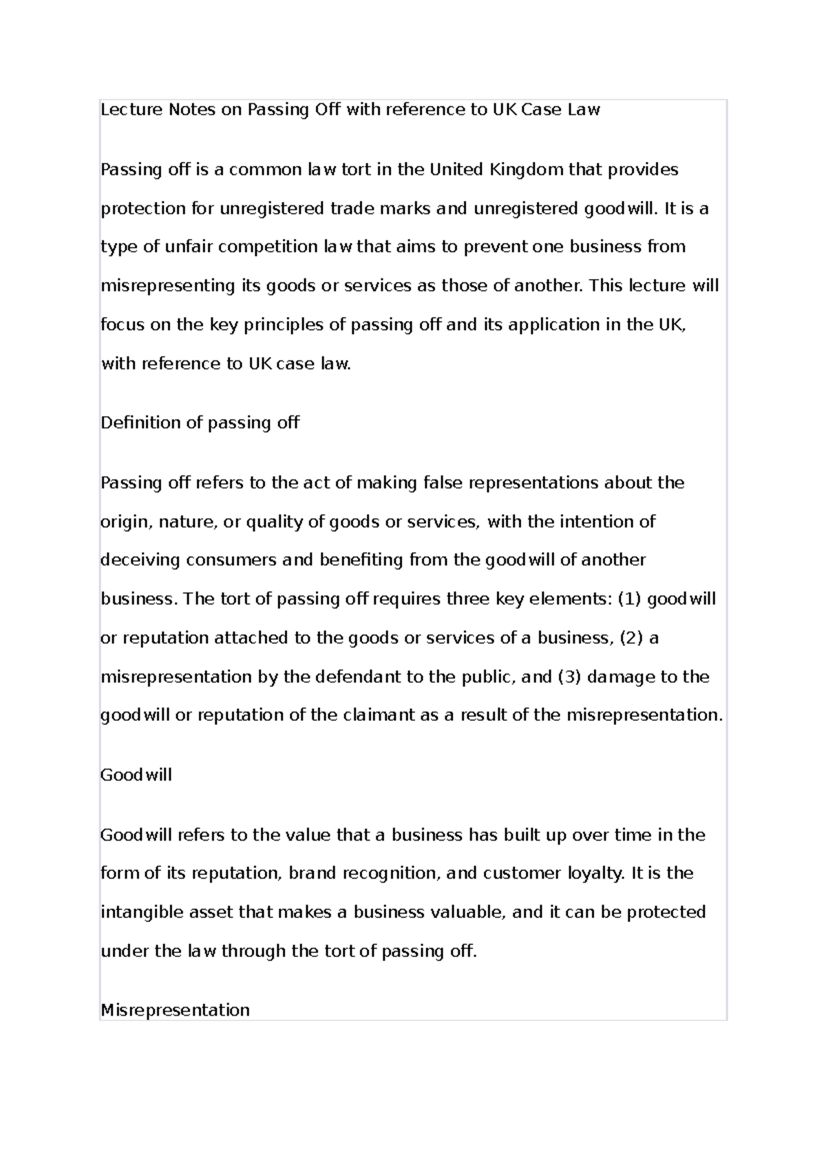 Passing off - ``` - Lecture Notes on Passing Off with reference to UK ...