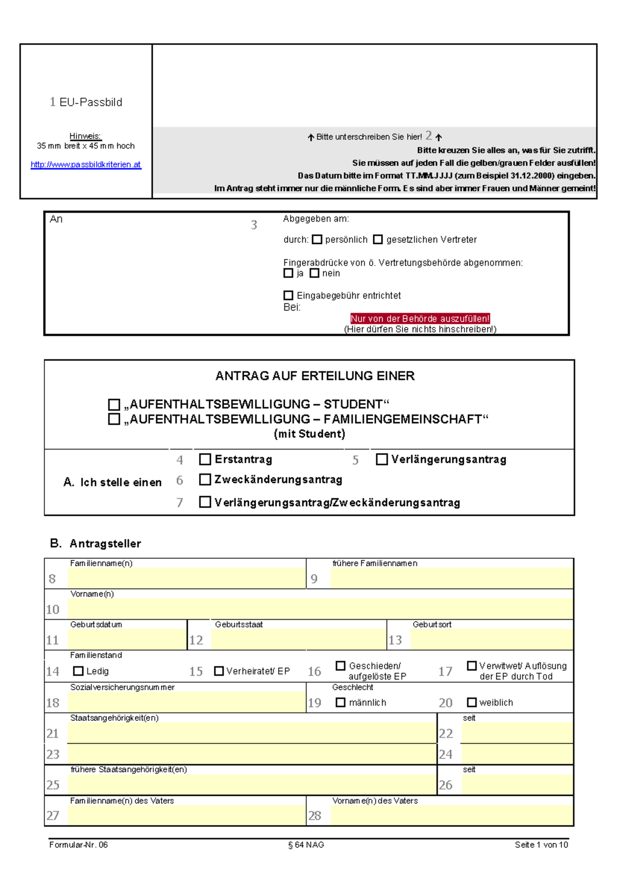 06 Aufenthaltsbewilligung Student NEU-Formular 3 - 1 EU-Passbild ...