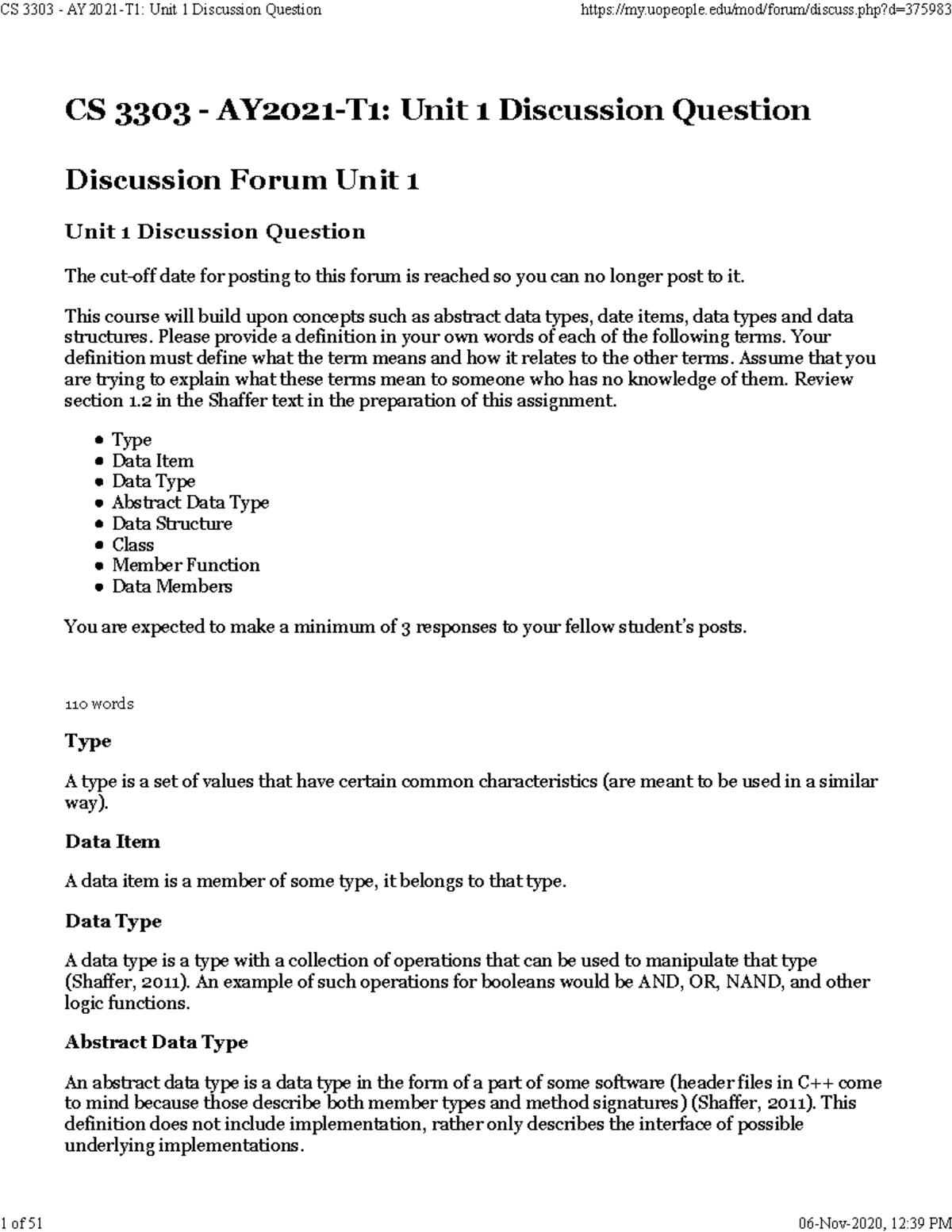 Data Structure Discussion Forum Unit 1 CS3303 - CS 3303 - AY2021-T1: Unit 1 Discussion Question ...