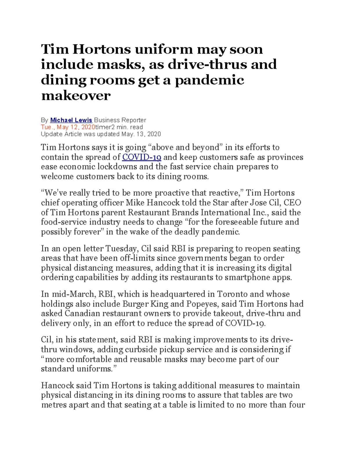 Tim Hortons uniform may soon include masks-Toronto Star 2020 - Tim ...