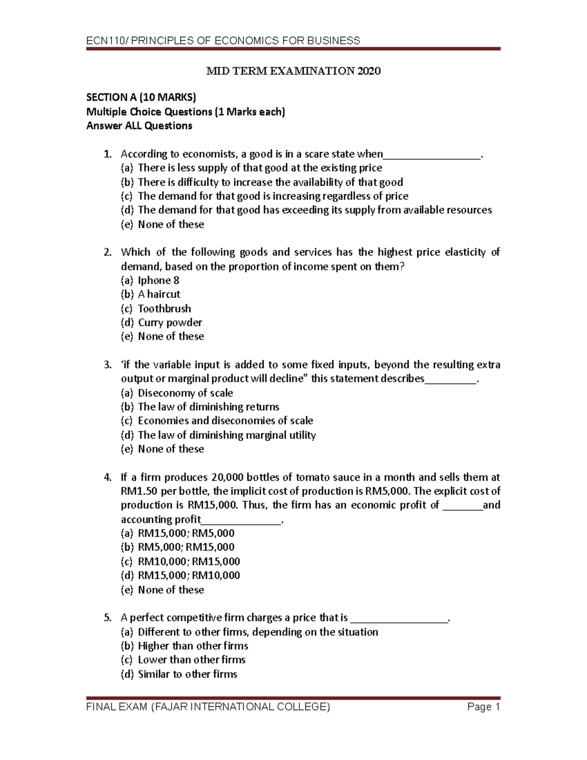 Mid Term 2020 P Econ Exam questions - ECN110/ PRINCIPLES OF ECONOMICS FOR BUSINESS MID TERM ...