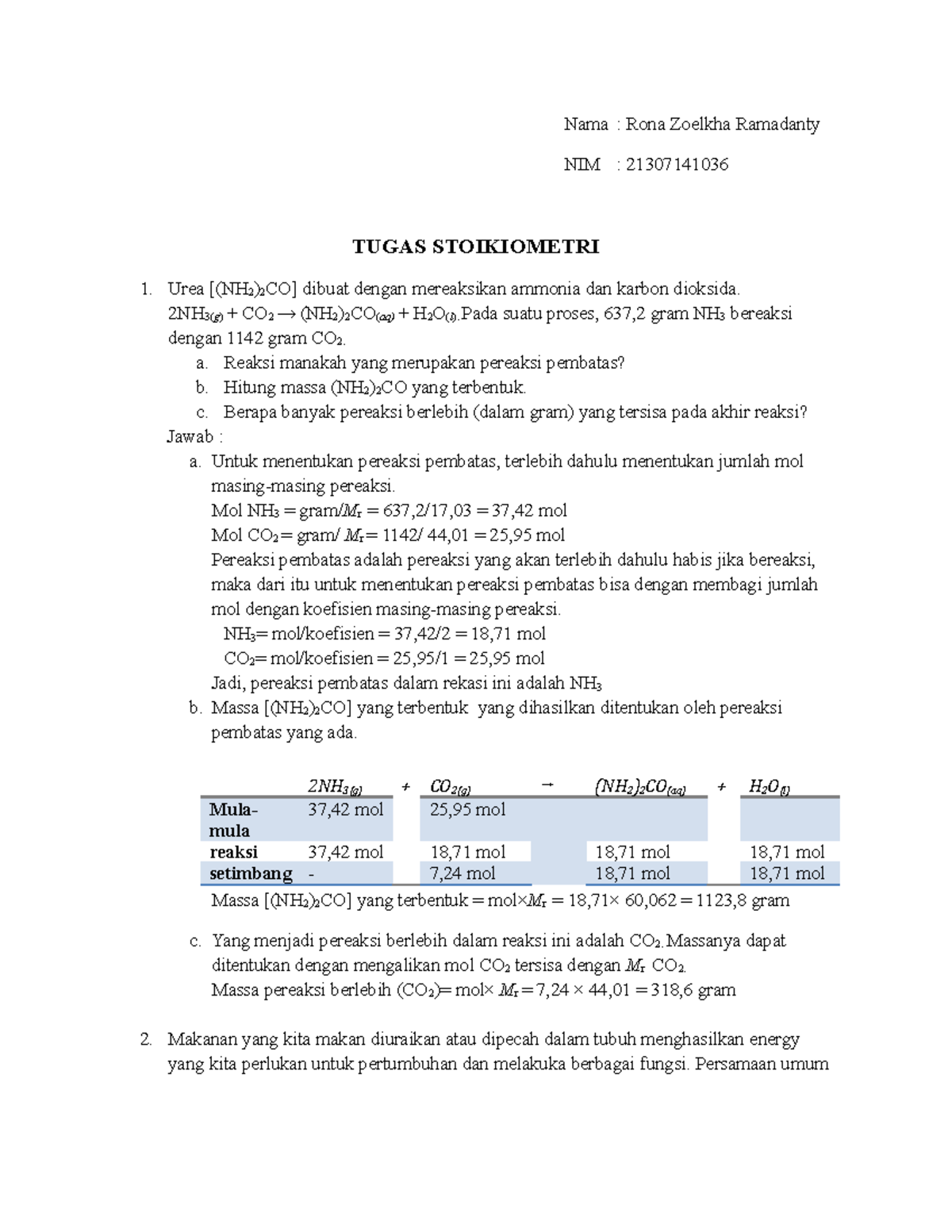 21307141036 Rona Zoelkha Ramadanty Tugas Stoikiometri - Nama : Rona Zoelkha Ramadanty NIM ...