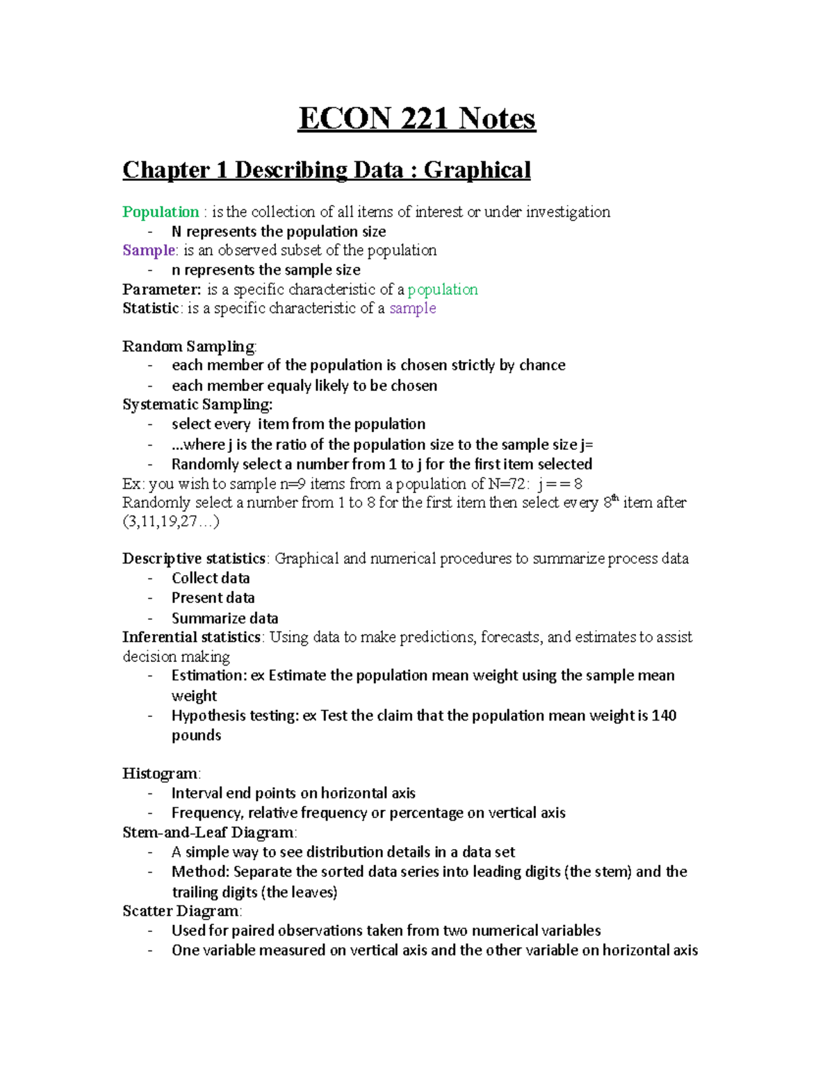 ECON 221 Notes - ECON 221 Notes Chapter 1 Describing Data : Graphical ...