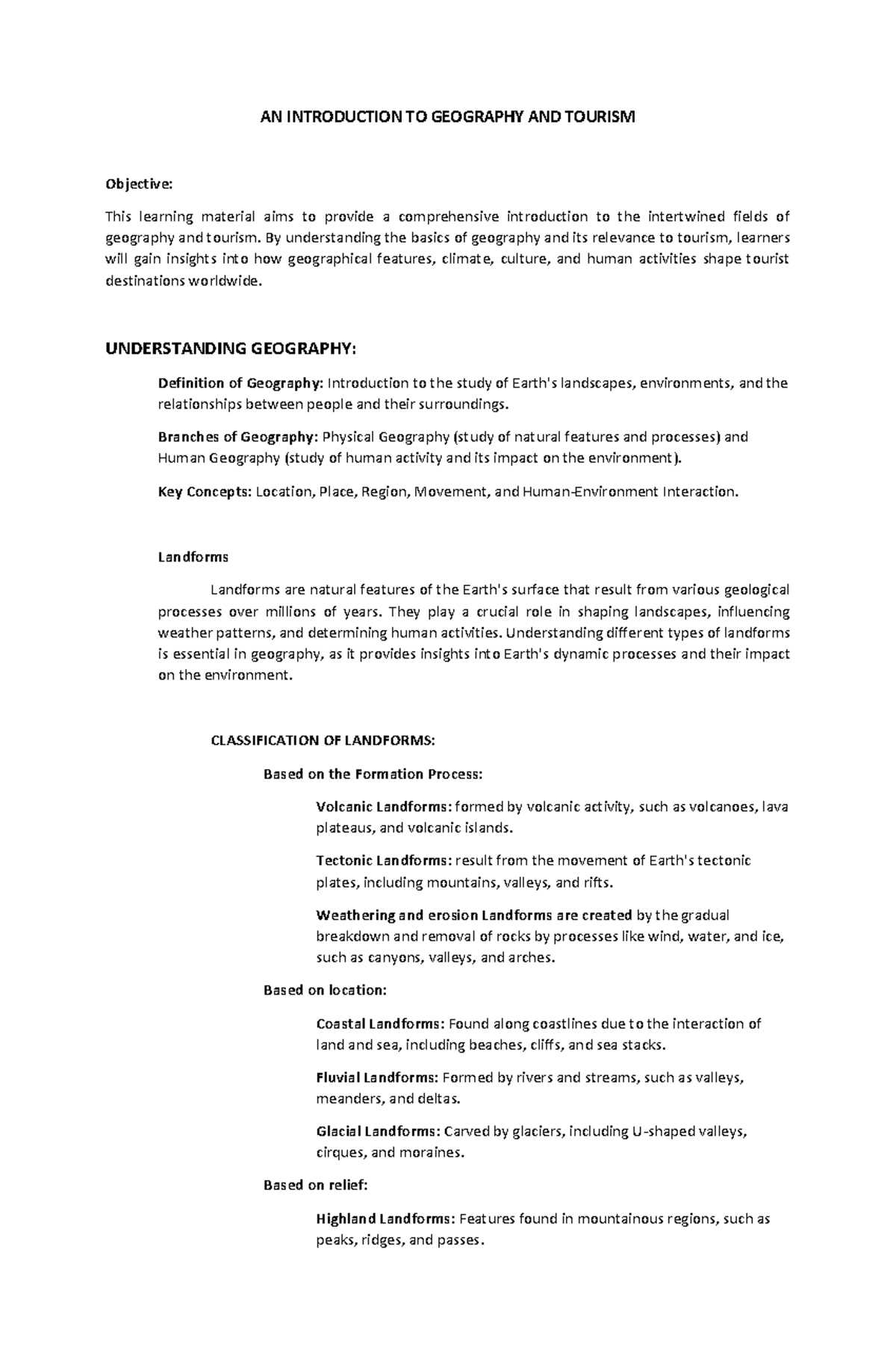 Chapter 1 - TPC 1 - AN INTRODUCTION TO GEOGRAPHY AND TOURISM Objective: This learning material ...