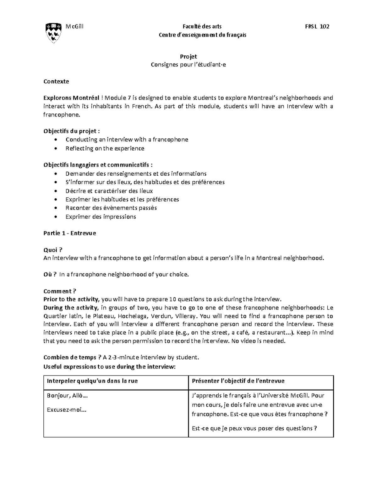 FRSL 102 - Projet Hiver 24 - McGill Faculté des arts FRSL 102 Centre d ...