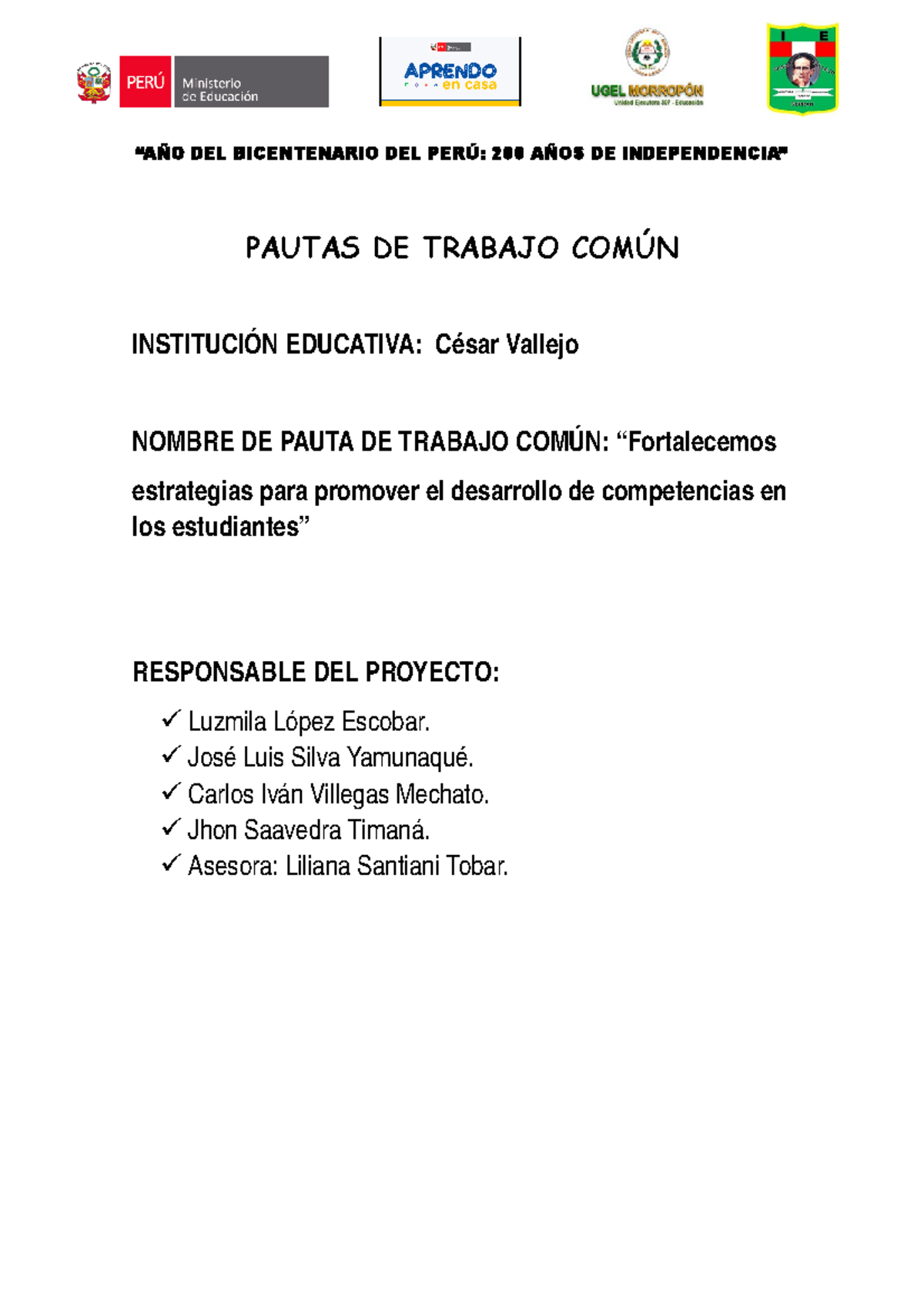 Pautas DE Trabajo Comun lll 2021 Cesar Vallejo JEC - Educación - UCV ...