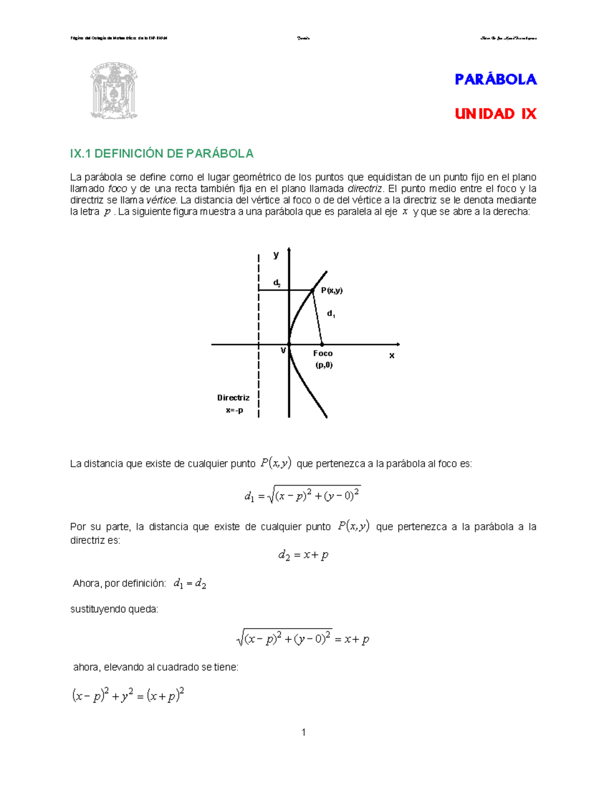 Parábola Unidad IX IX.1 Definición DE Parábola - PDF Descargar libre ...