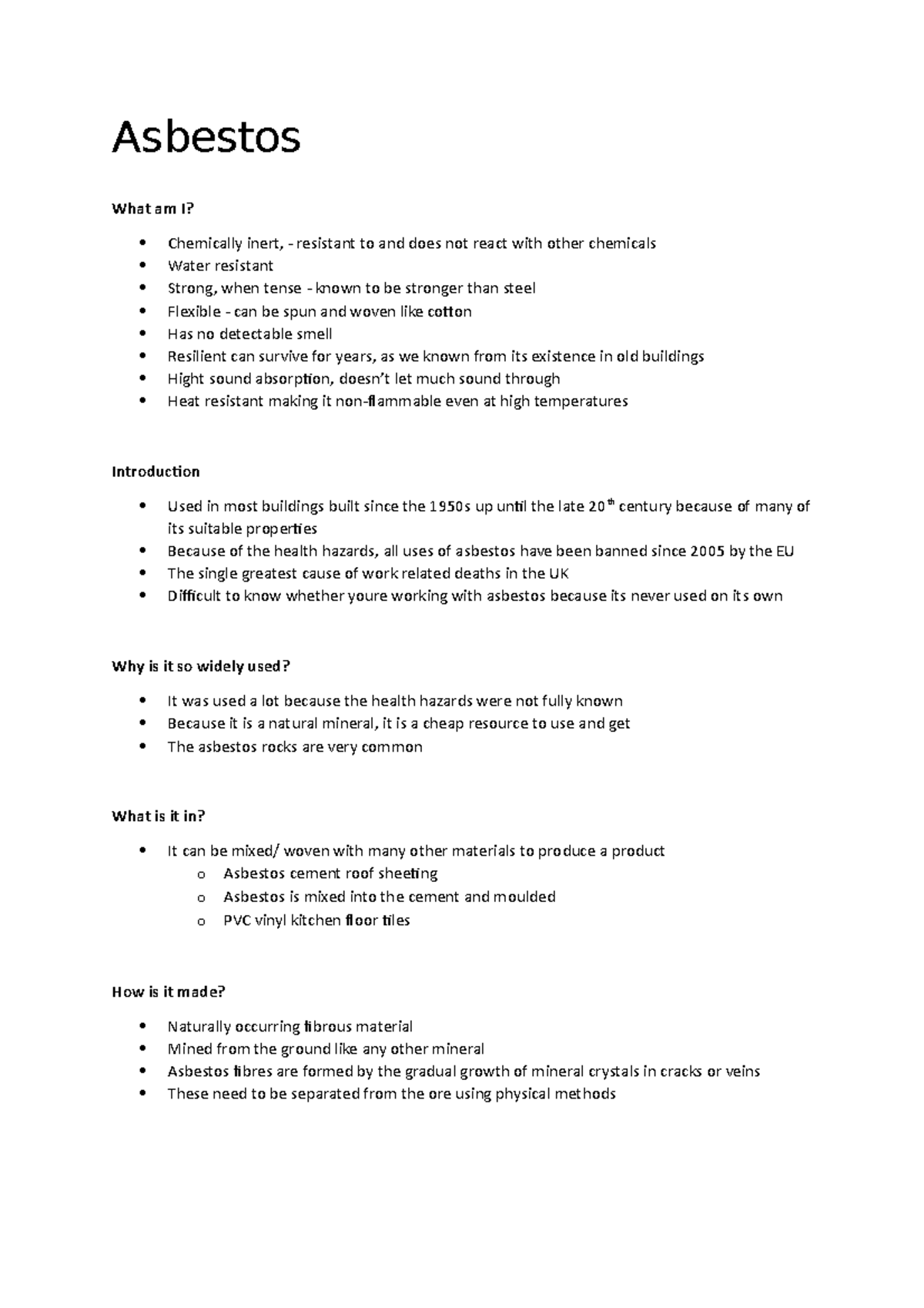 Lecture 11 - Asbestos - Asbestos What am I? Chemically inert ...