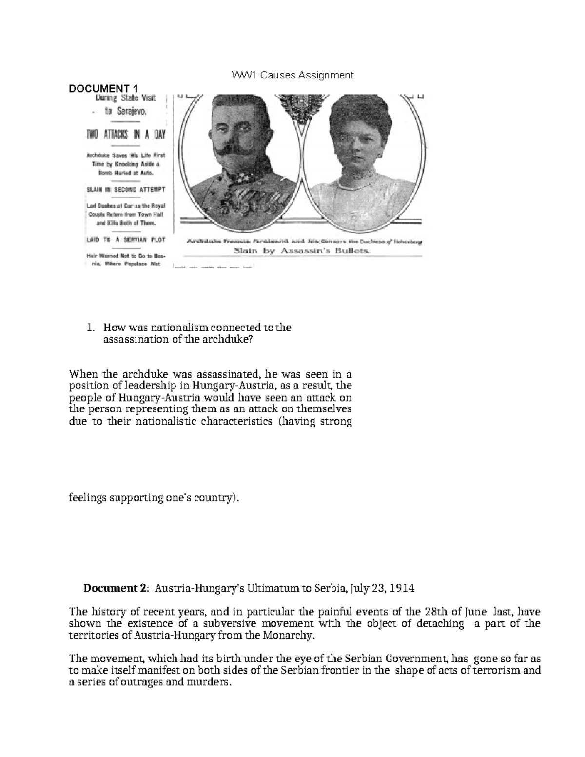 Copy of- WW1 Causes Assignment - WW1 Causes Assignment DOCUMENT 1 How ...