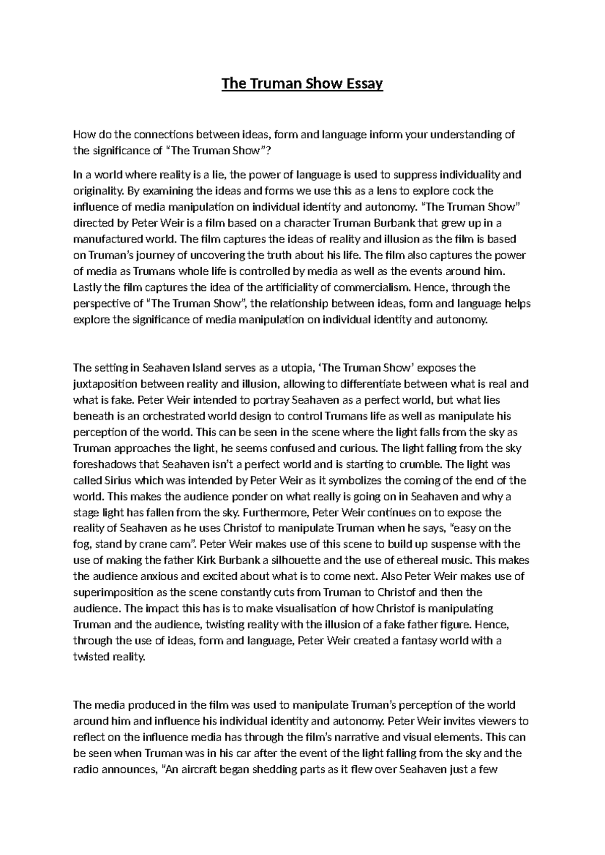 English Essay - The Truman Show Essay How do the connections between ...