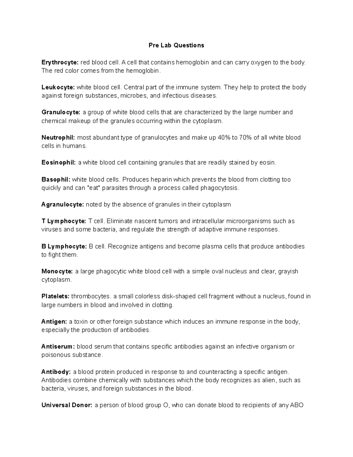 Blood typing lab - Pre Lab Questions Erythrocyte: red blood cell. A ...