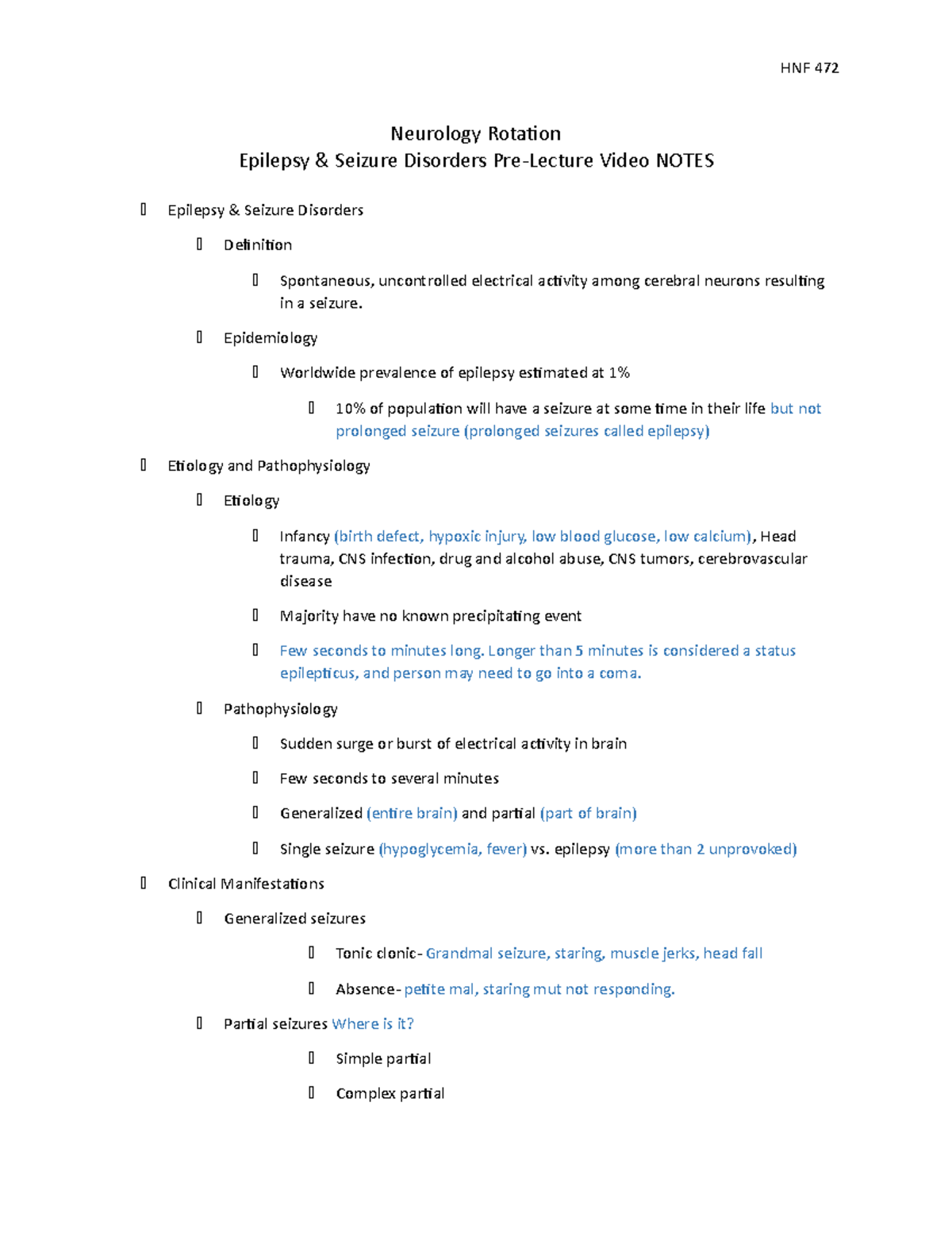 Epilepsy and Seizure Disorders Pre-Lecture Video Notes - Neurology ...