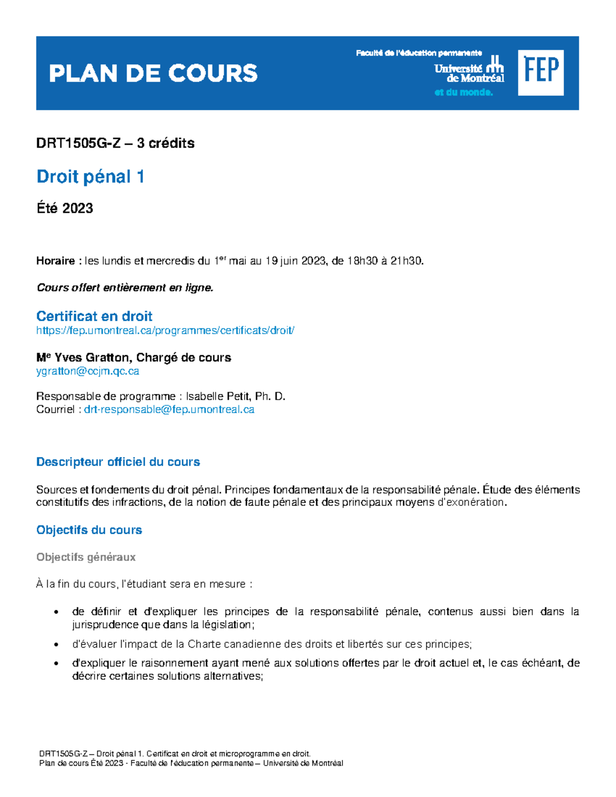DRT1505 - E2023 - Plan de cours - DRT1505G-Z – Droit pénal 1 ...