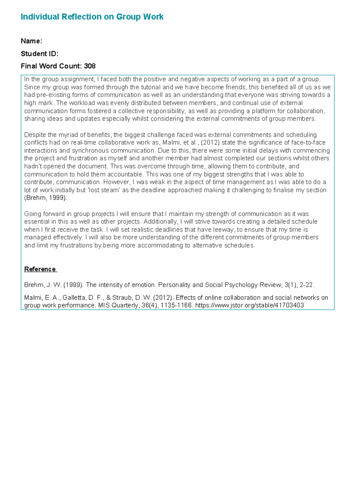 Individual Reflection - Since my group was formed through the tutorial ...