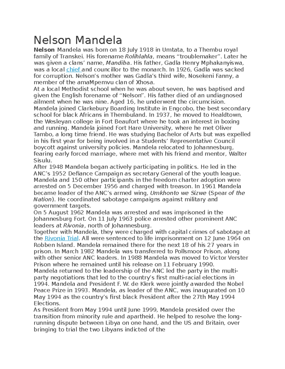 132 - history notes - Nelson Mandela Nelson Mandela was born on 18 July ...