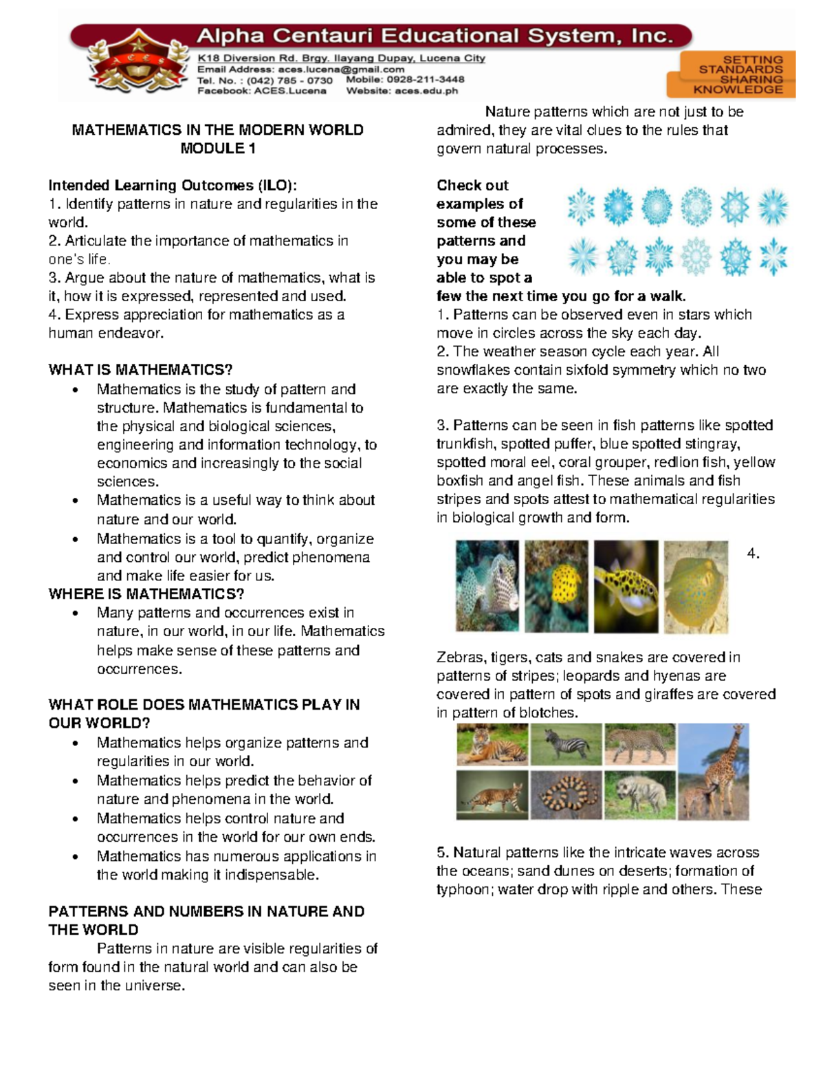 Pattern - Notez - MATHEMATICS IN THE MODERN WORLD MODULE 1 Intended ...