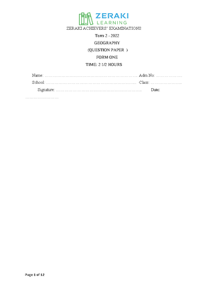 Mathematics - Mathematics Form 1 - Question Paper - ZERAKI ACHIEVERS ...