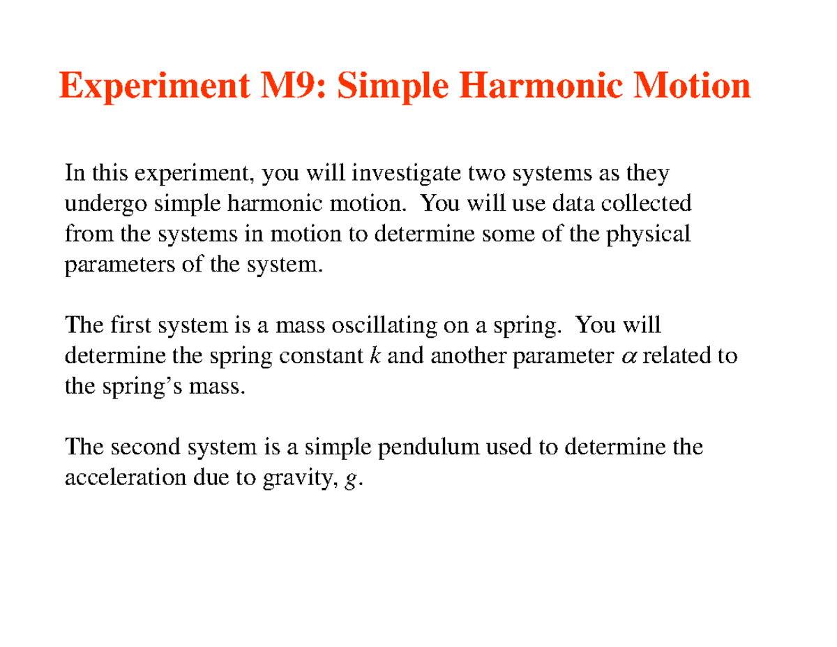 151-M9 Hayden Intro rev 4 - Experiment M9: Simple Harmonic Motion In ...