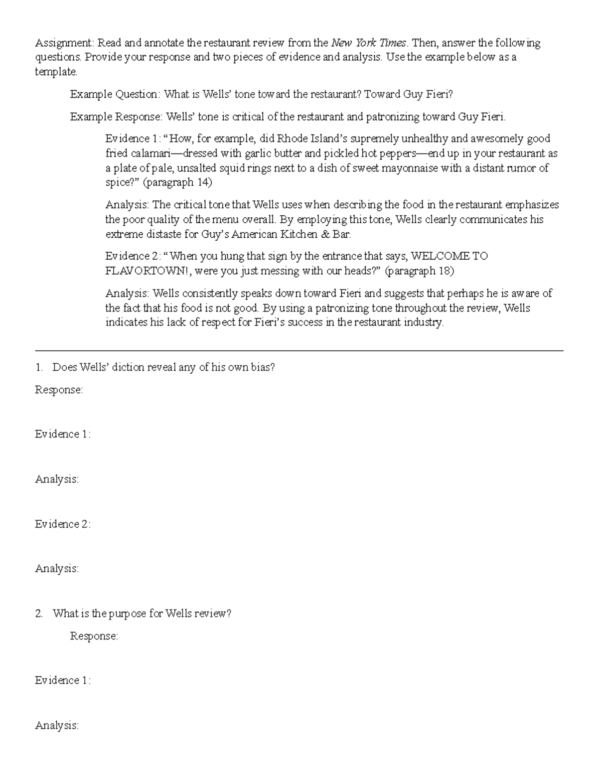 Restaurant Review Response Questions - Assignment: Read and annotate ...