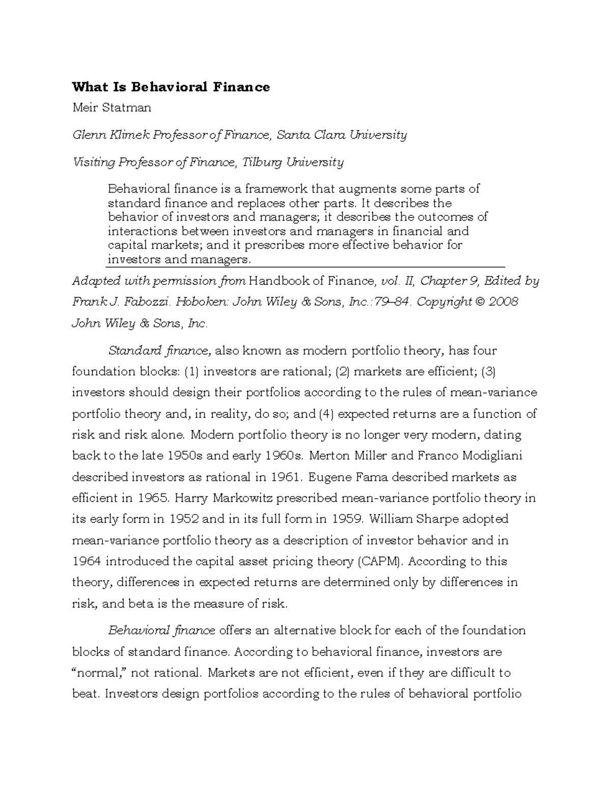 Statman - Behavioural Finance - What Is Behavioral Finance Meir Statman ...