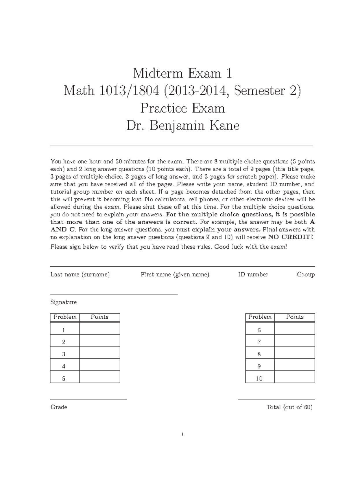 Exam1Practice - For exam revision - Midterm Exam 1 Math 1013/1804 (2013-2014, Semester 2 ...