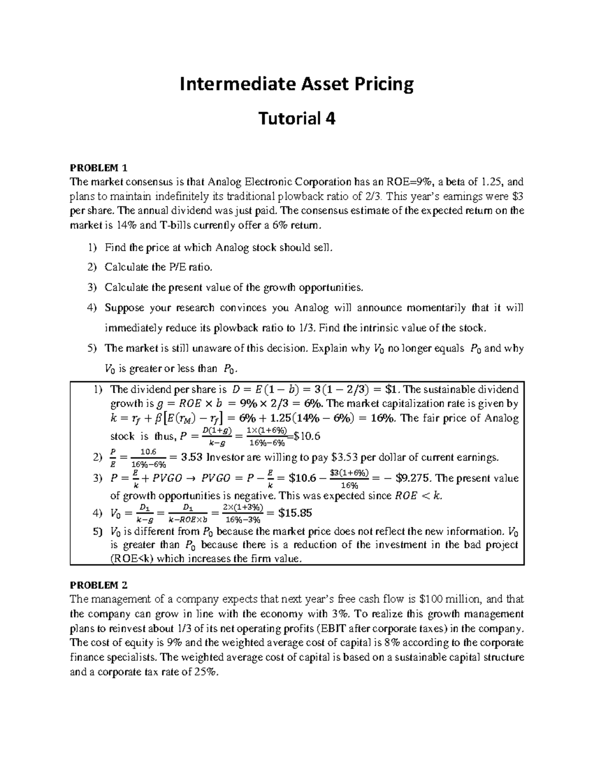 Tutorial 4 Solution - Intermediate Asset Pricing Tutorial 4 PROBLEM 1 ...