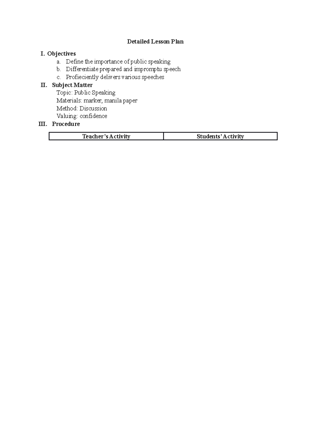 My detailed lesson plan- public speaking - Detailed Lesson Plan I ...