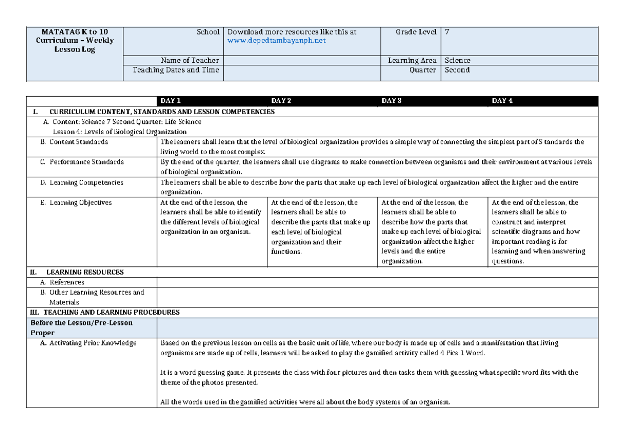 Official Matatag Weekly Lesson Log Format - MATATAG K to 10 Curriculum ...
