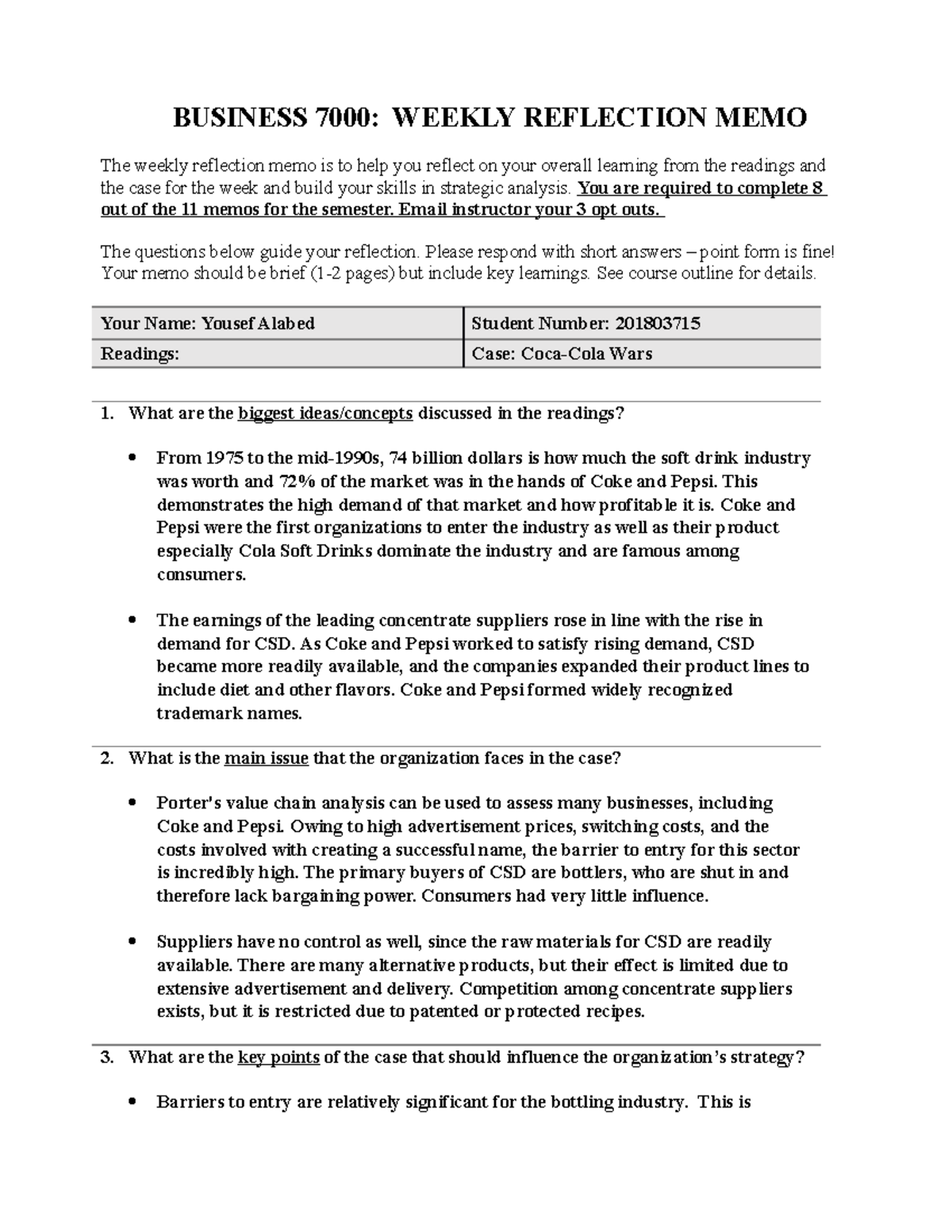 Weekly Memo twelve - BUSINESS 7000: WEEKLY REFLECTION MEMO The weekly ...