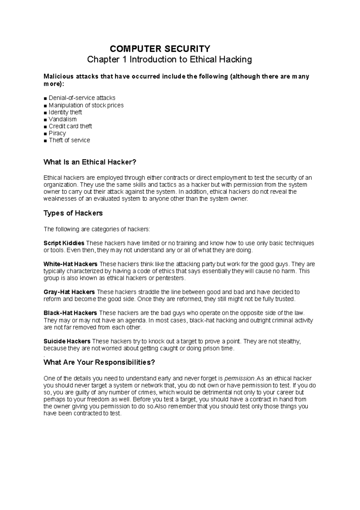 Computer Security Chapter 1 Preparation - COMPUTER SECURITY Chapter 1 Introduction to Ethical ...