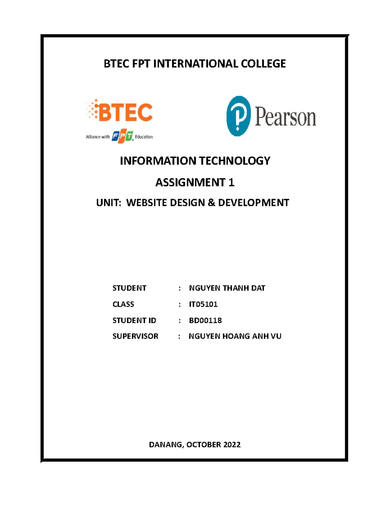 Thanhdat ASM1 IT05101 - BTEC FPT INTERNATIONAL COLLEGE INFORMATION ...
