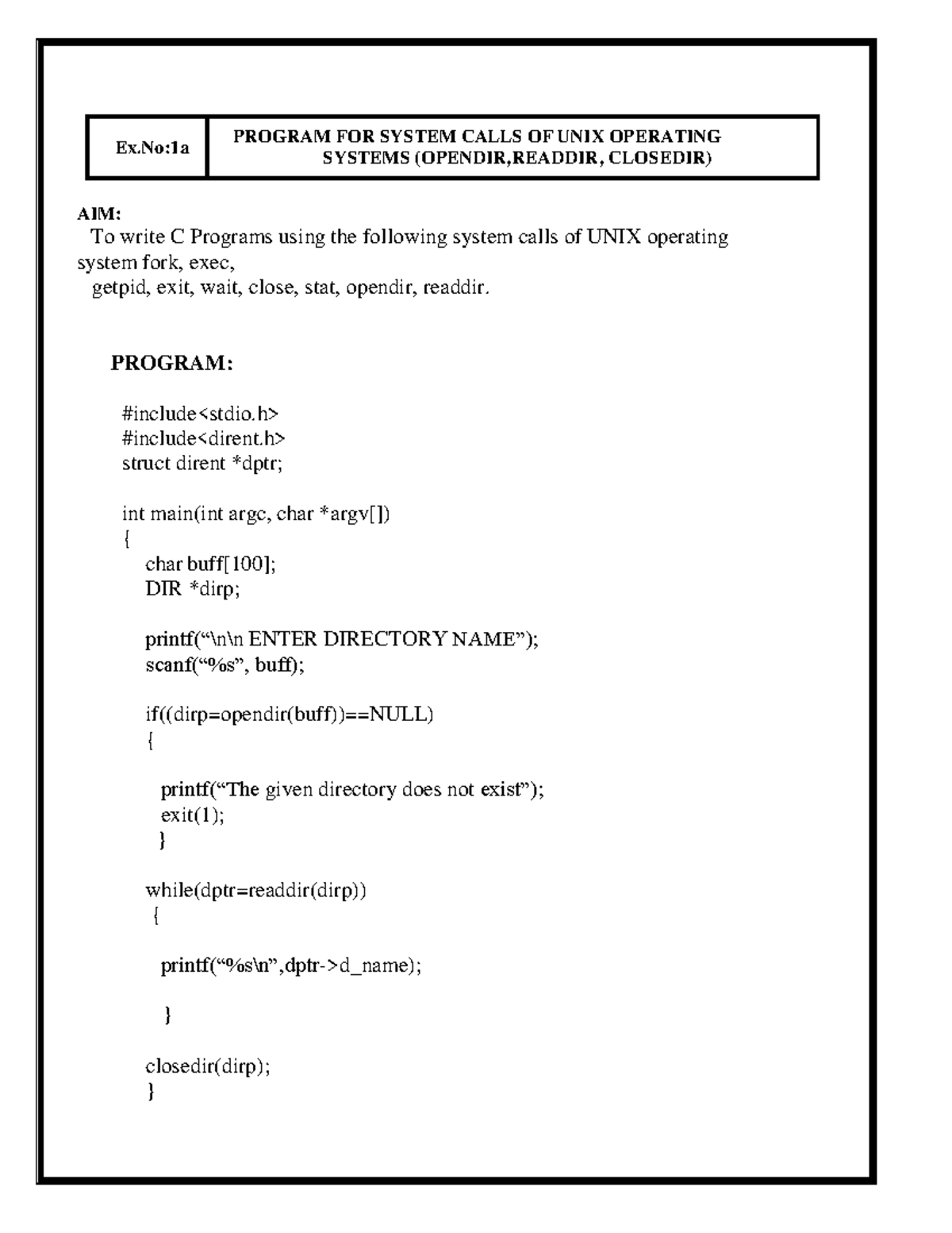 AOS Lab Manual - hjuykujhuykk - Ex:1a PROGRAM FOR SYSTEM CALLS OF UNIX ...