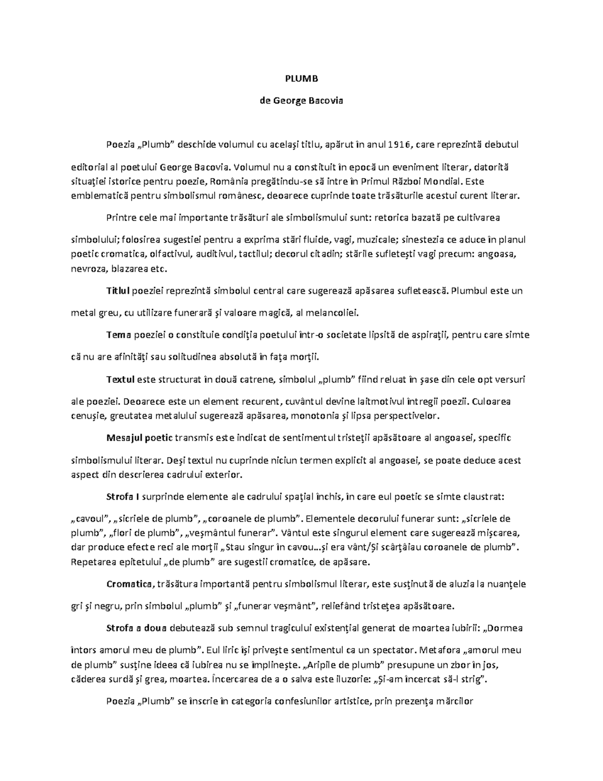 Plumb - sasa - PLUMB de George Bacovia Poezia „Plumb” deschide volumul ...