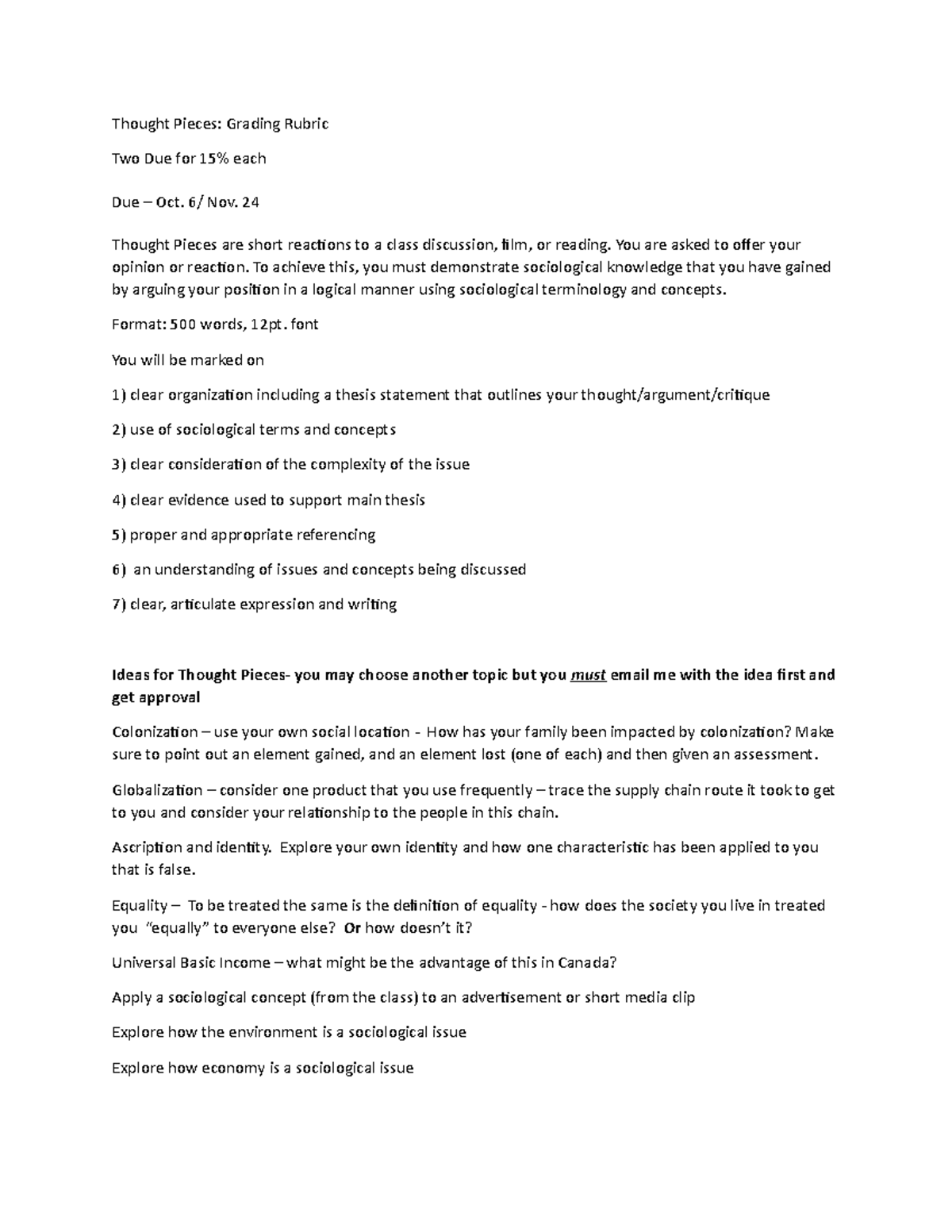 Thought Pieces ideas - Thought Pieces: Grading Rubric Two Due for 15% ...