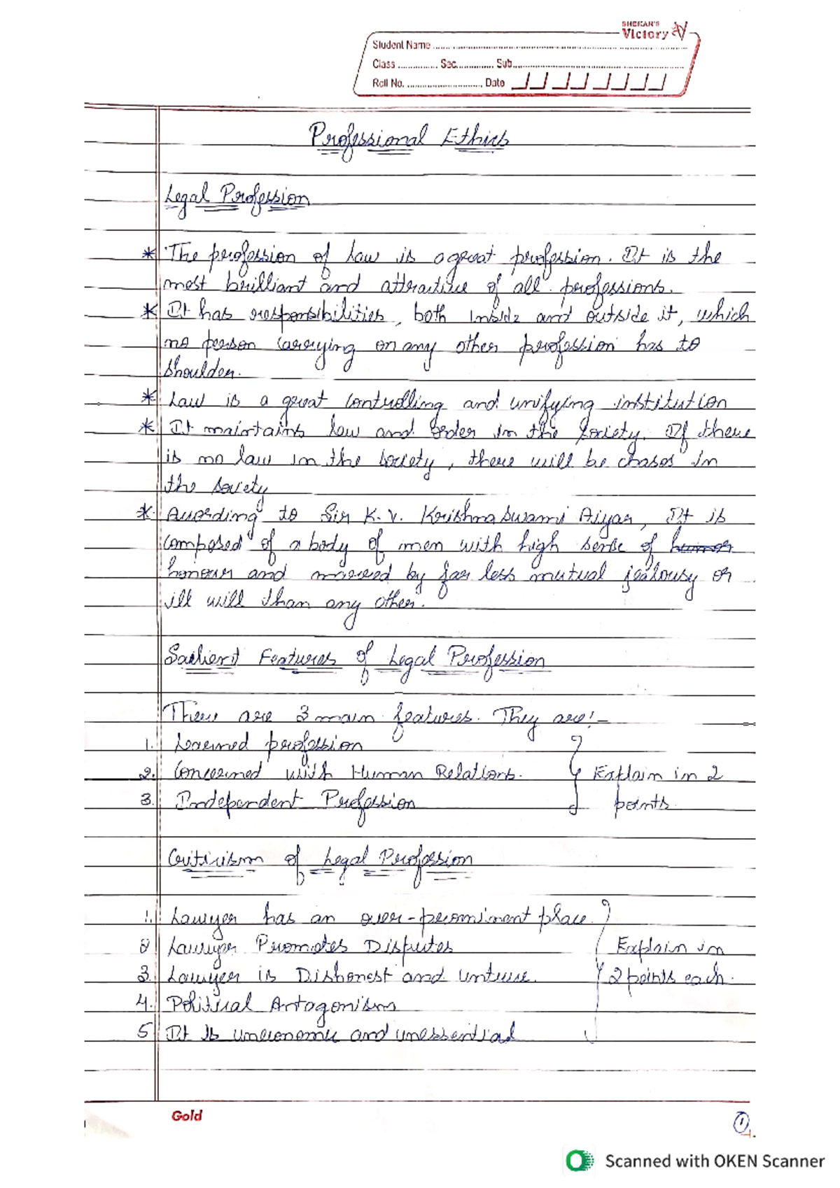 Professional Ethics - Victory Student Name Class Sec Sub Roll No. Date ...